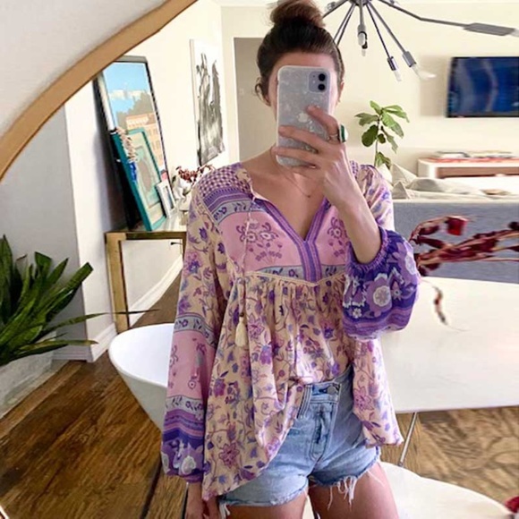 Tops | 18 Boho Lilac Purple Gypsy Floral Print Tassel Neck Tie Blouse | Poshmark